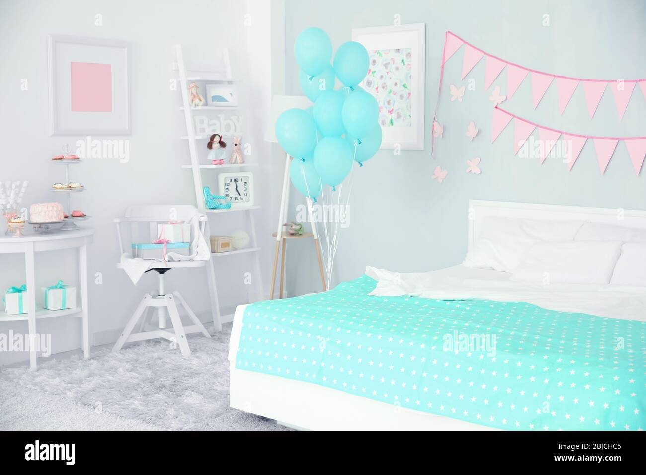 Beautiful interior of child's room decorated for birthday celebration ...