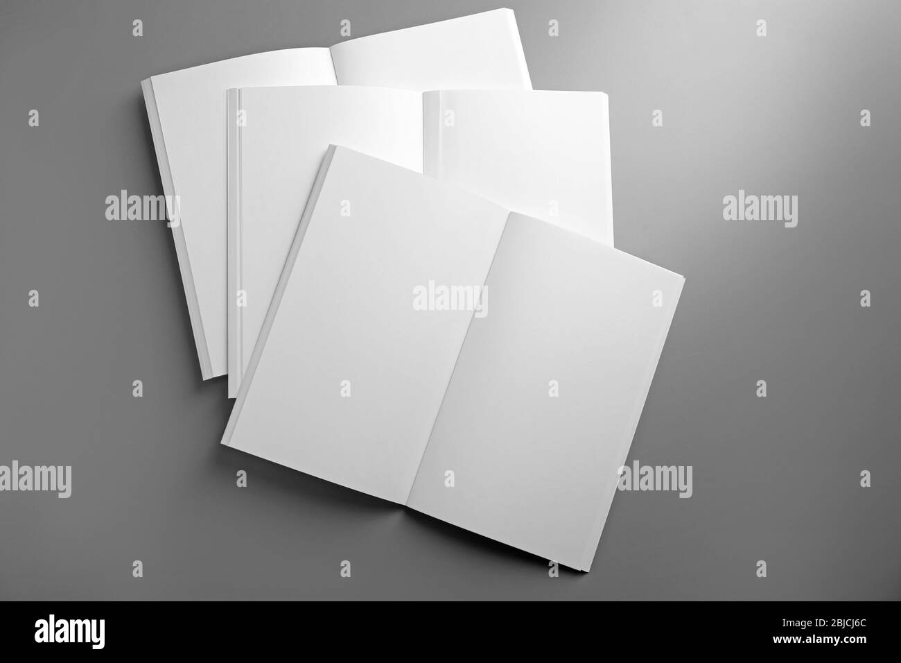 Blank open brochures on grey background Stock Photo - Alamy