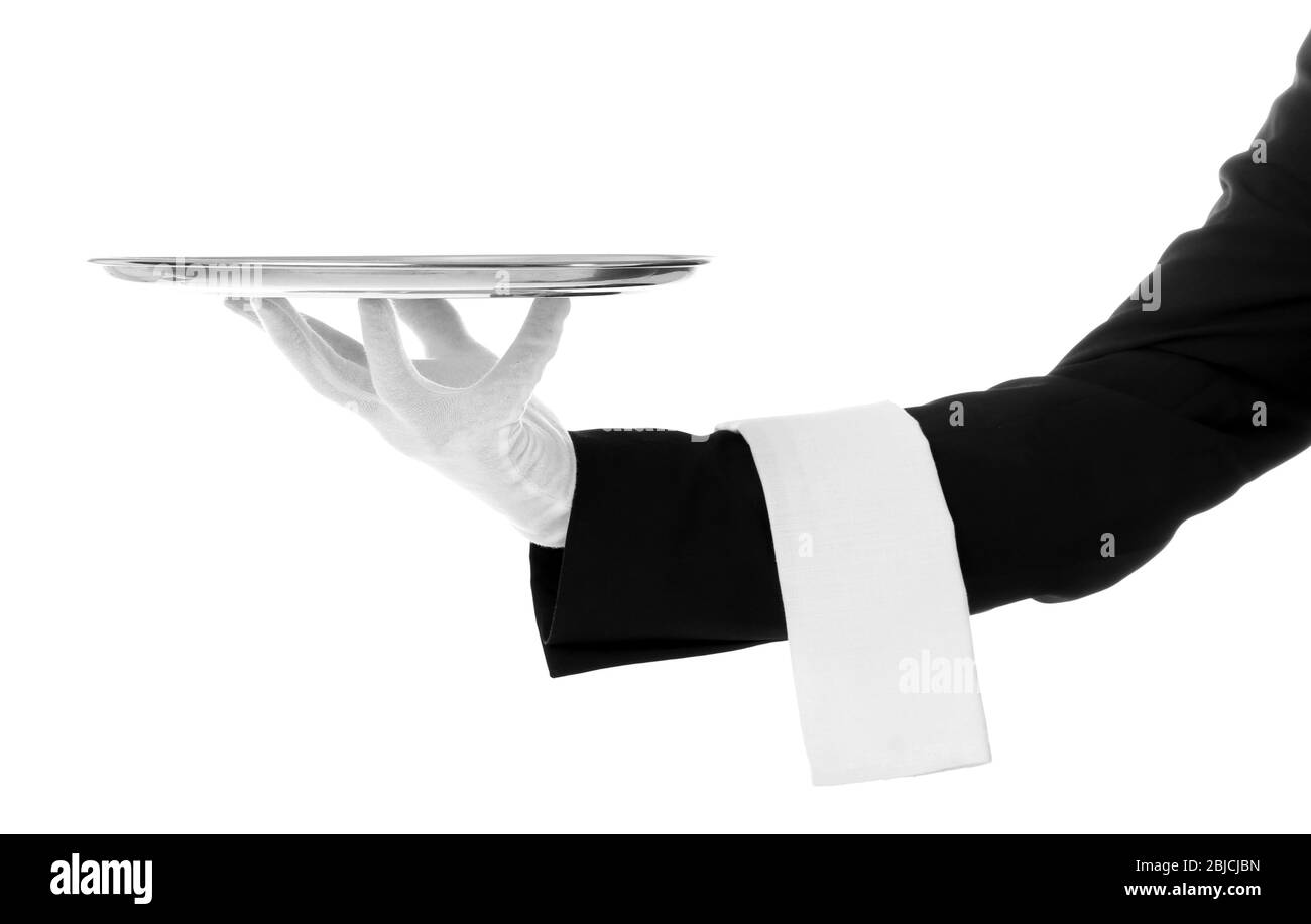 Waiter hand with tray on white background Stock Photo - Alamy