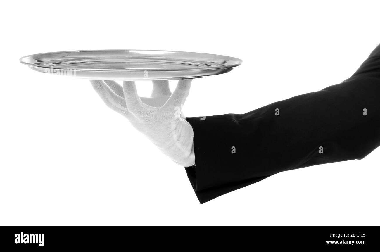 Waiter hand with tray on white background Stock Photo - Alamy
