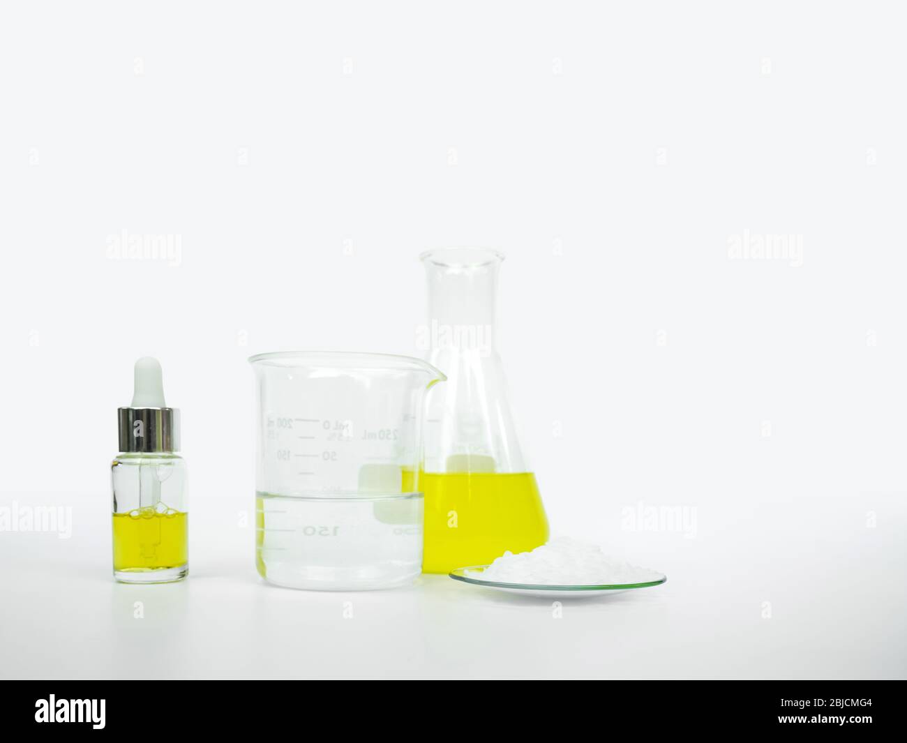 Cosmetic chemicals ingredient on white laboratory table. Polyaluminum ...