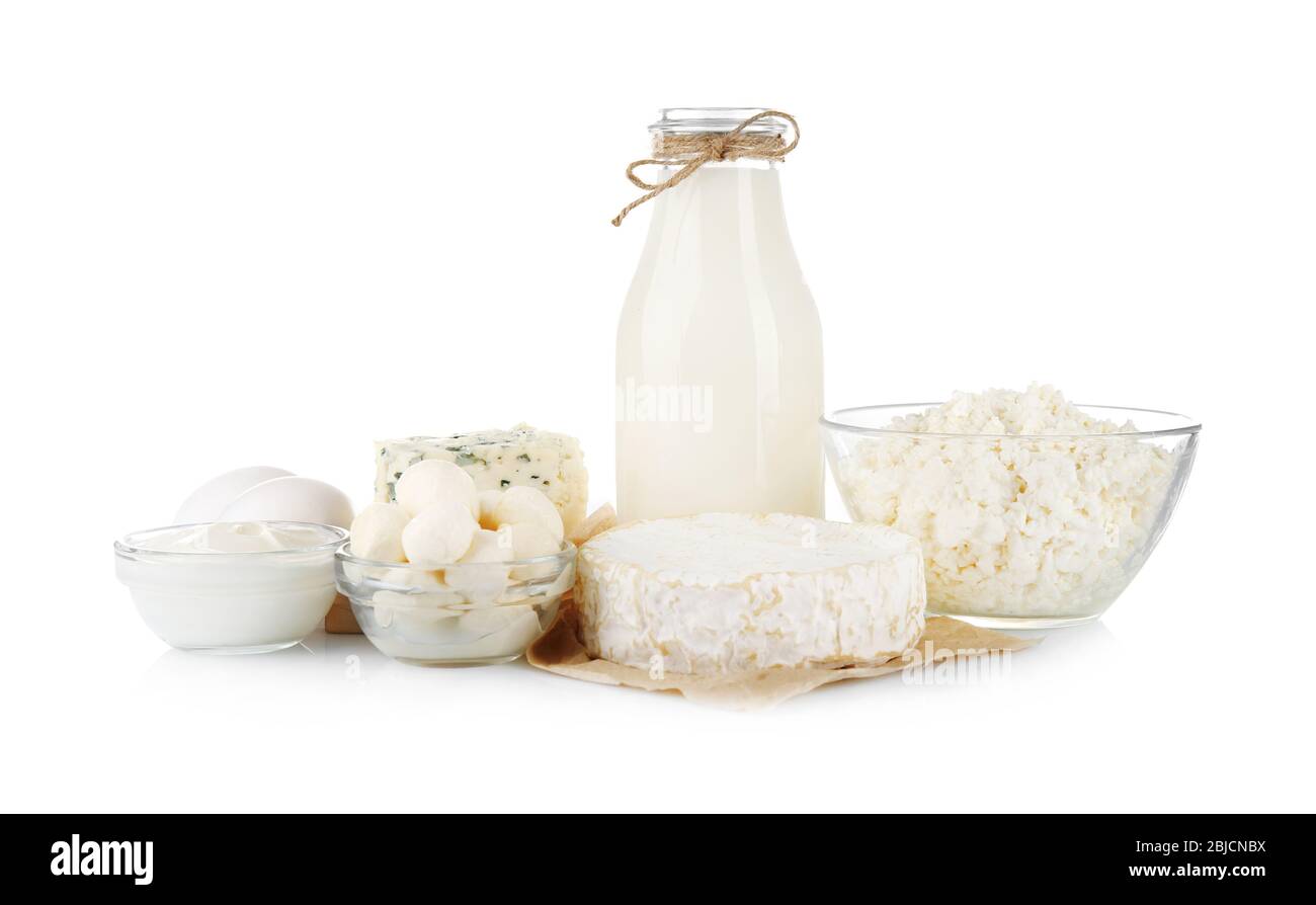 Dairy products on white background Stock Photo - Alamy
