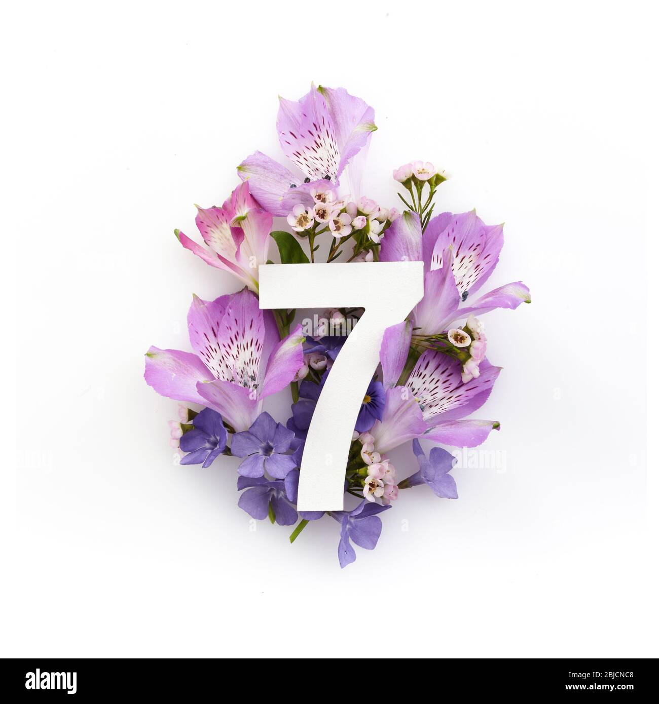 Creative layout with colourful flowers and number seven. Flat lay. Top ...