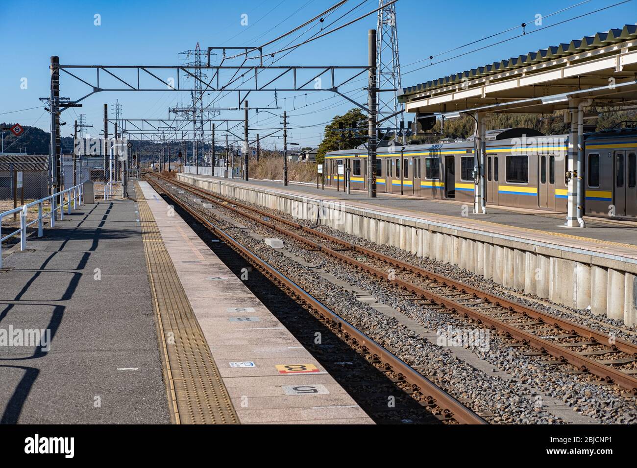Japan, Beautiful view of Japanese railway train track, empty platform ...