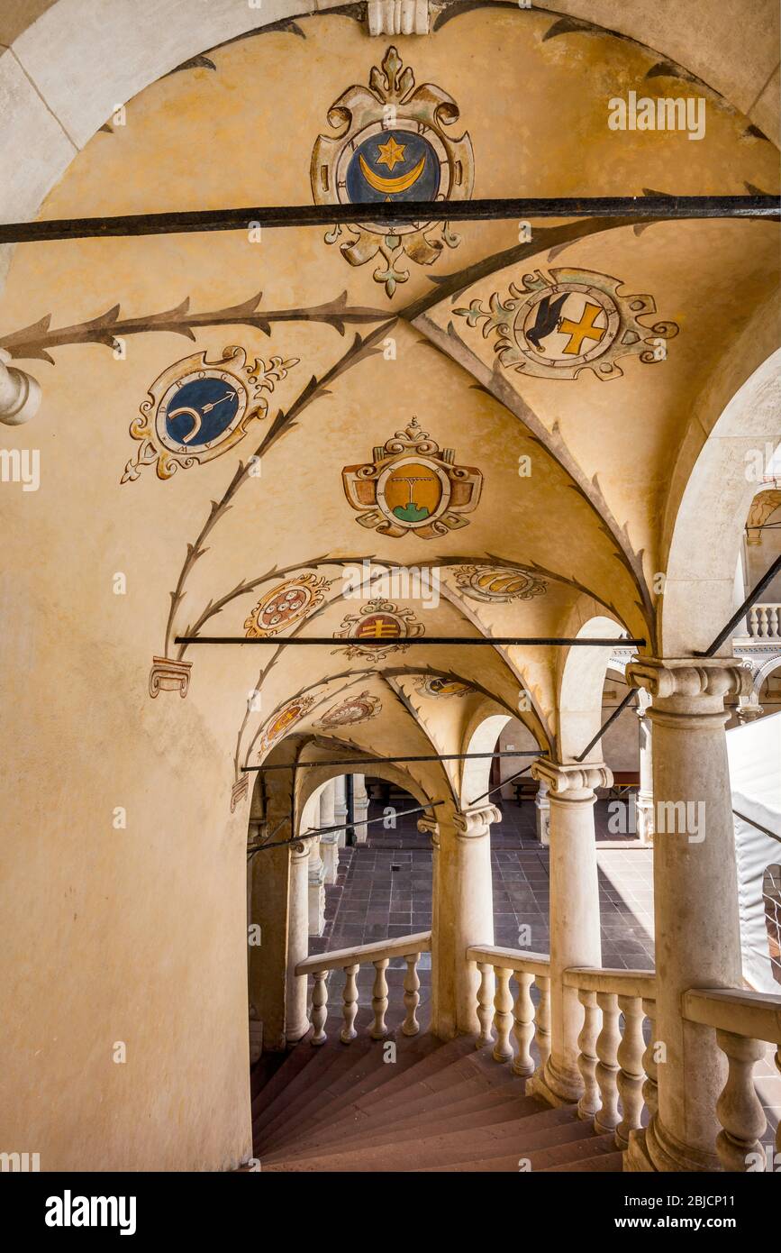 Nobility coats of arms at decorated vault ceiling in castle in Baranow ...