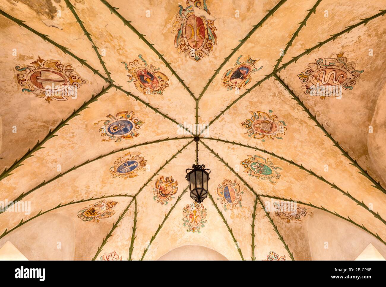Nobility coats of arms at decorated vault ceiling in castle in Baranow ...