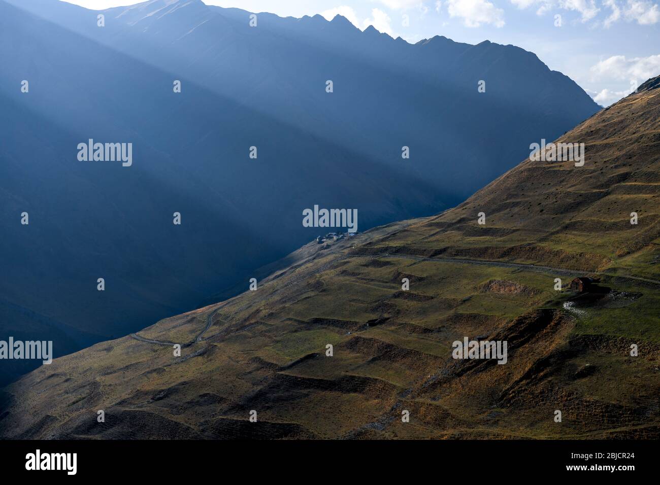 Caucasus, Georgia, Tusheti region, Kvavlo. Lonely house on a mountain ...