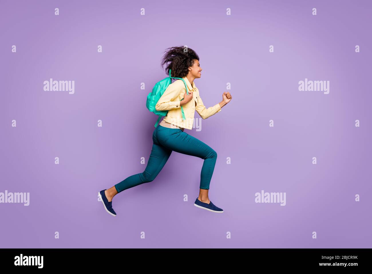 Side profile full length body size photo of cheerful positive running ...
