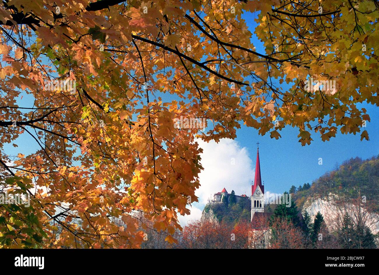 Lake Bled Church spire autumn colour town and Bled castle behind framed ...
