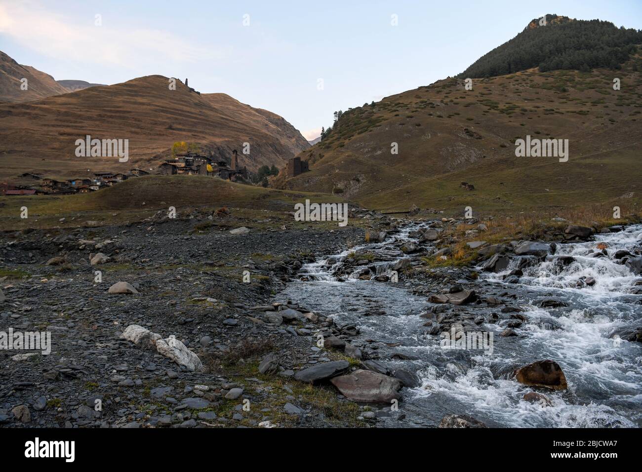 Caucasus, Georgia, Tusheti region, Kvavlo. The medieval village of ...