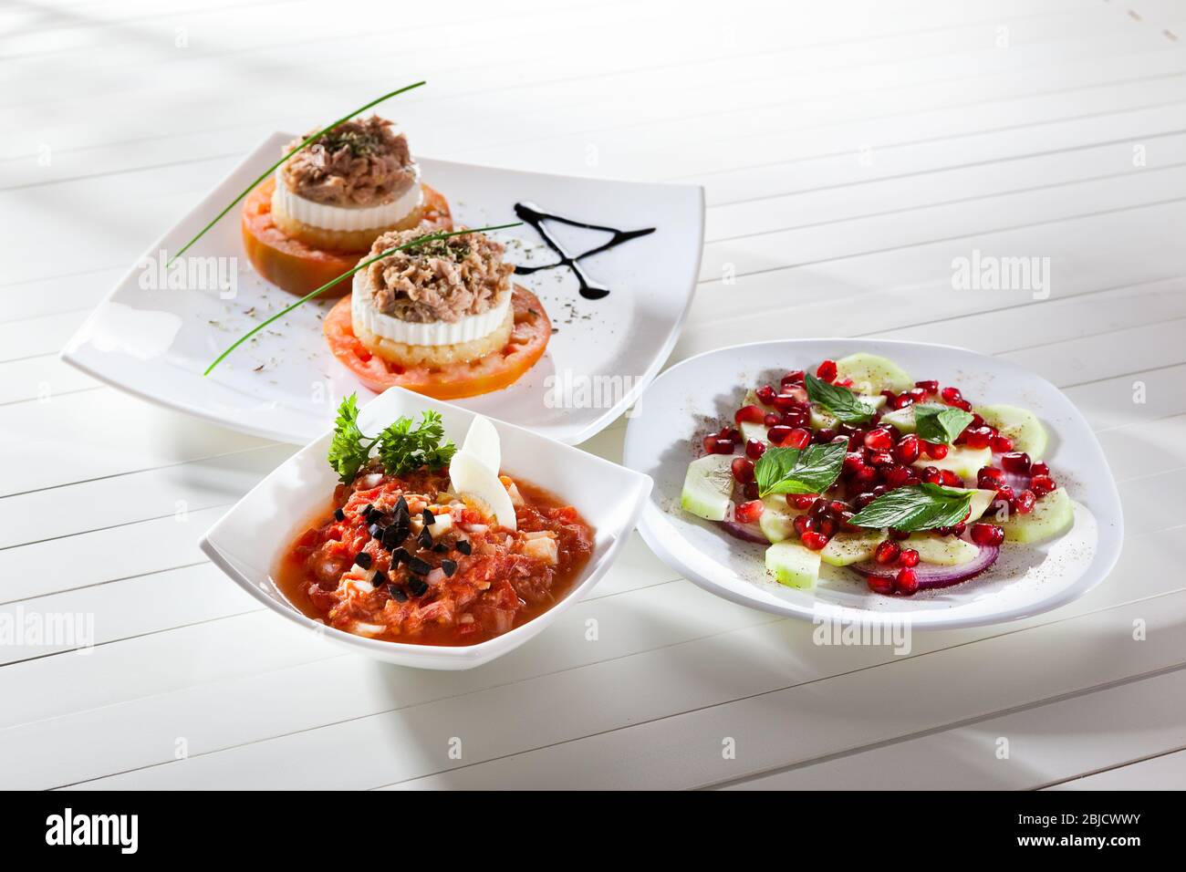 Delicious fresh salads and snacks for healthy nutrition Stock Photo - Alamy