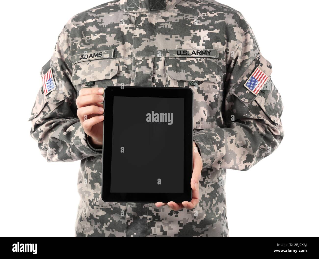 Soldier holding tablet. Military education concept Stock Photo - Alamy