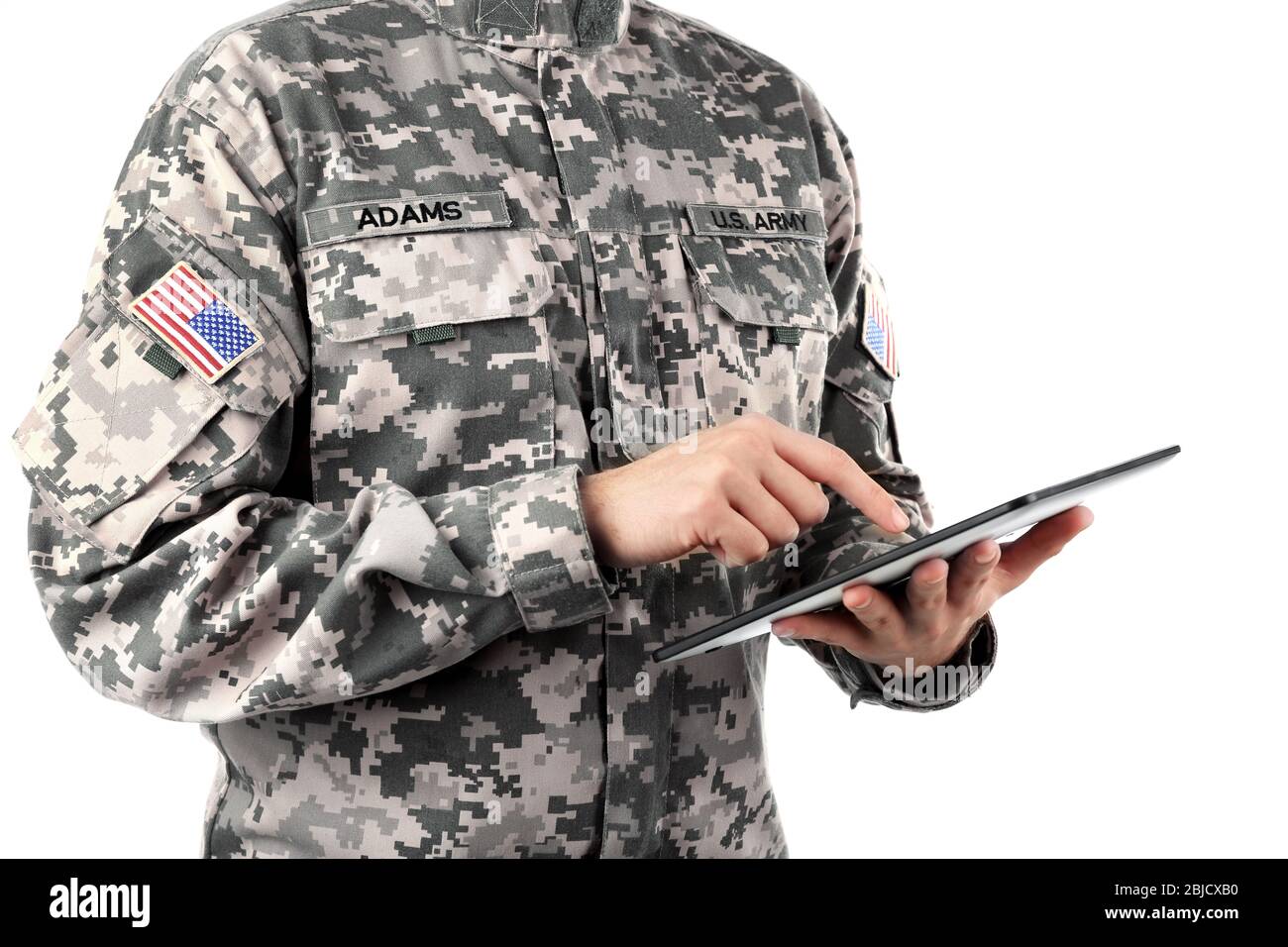 Soldier holding tablet. Military education concept Stock Photo - Alamy