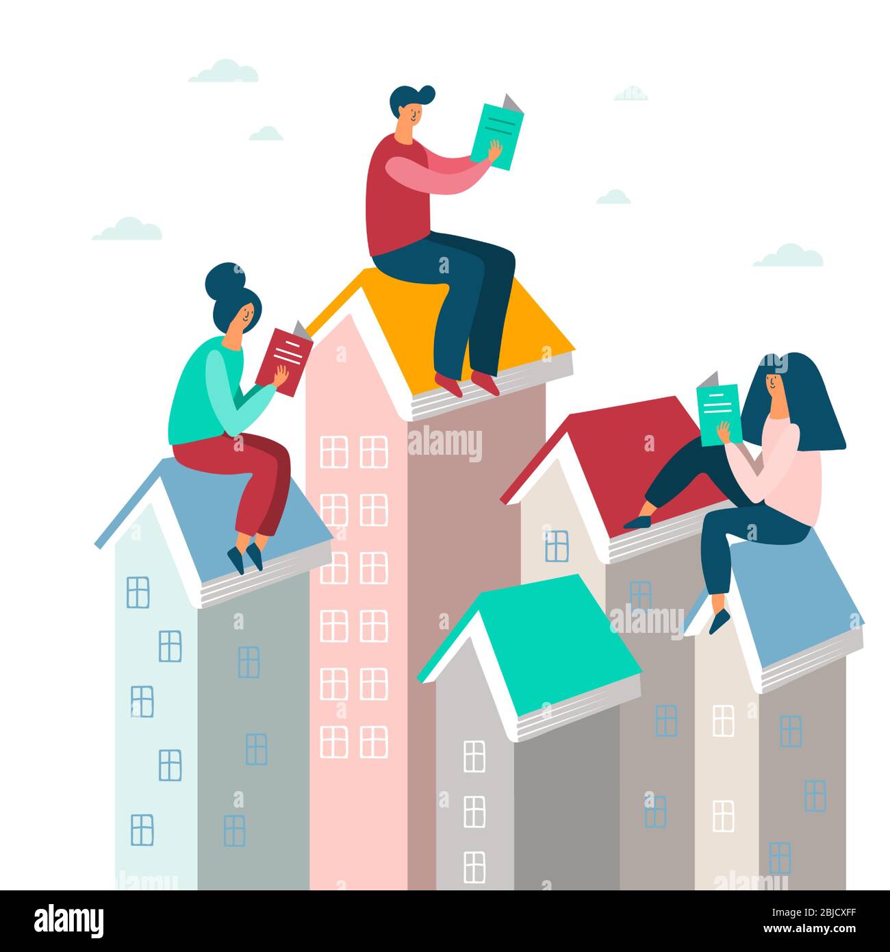 people read books on buildings vector illustration Stock Vector Image ...