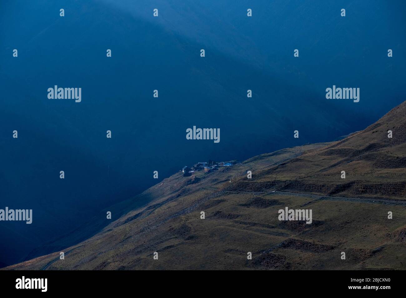 Caucasus, Georgia, Tusheti region, Kvavlo. Lonely house on a mountain ...