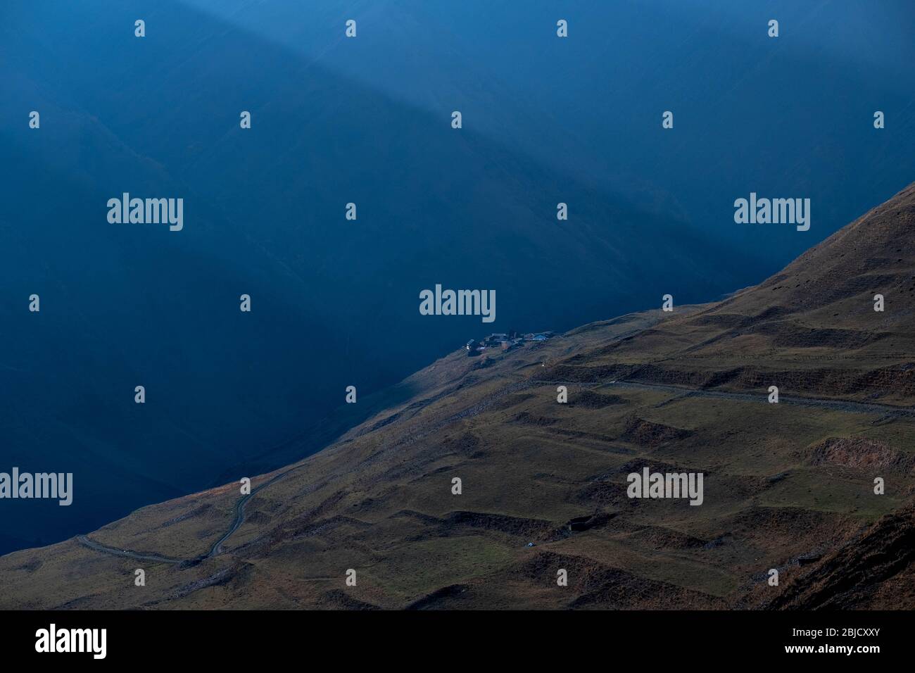 Caucasus, Georgia, Tusheti region, Kvavlo. Lonely house on a mountain ...