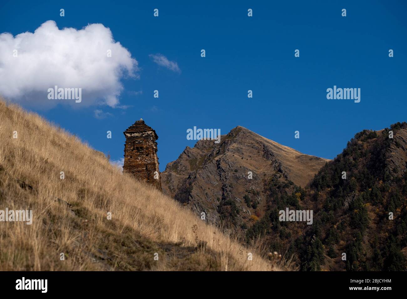 Caucasus, Georgia, Tusheti region, Kvavlo. The medieval tower of Kvavlo ...