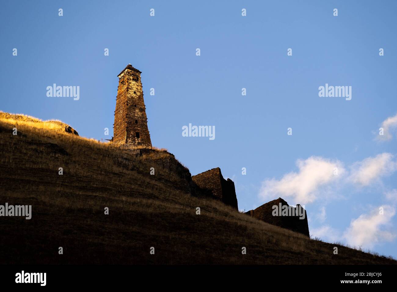 Caucasus, Georgia, Tusheti region, Kvavlo. The medieval tower of Kvavlo ...