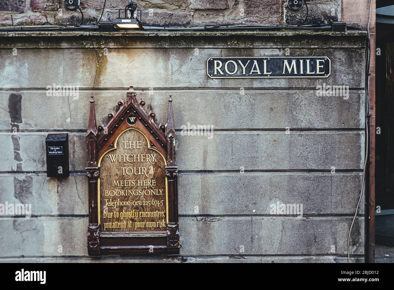 Edinburgh/UK-24/3/18: Royal Mile and the Witchery Tour name signs on a ...