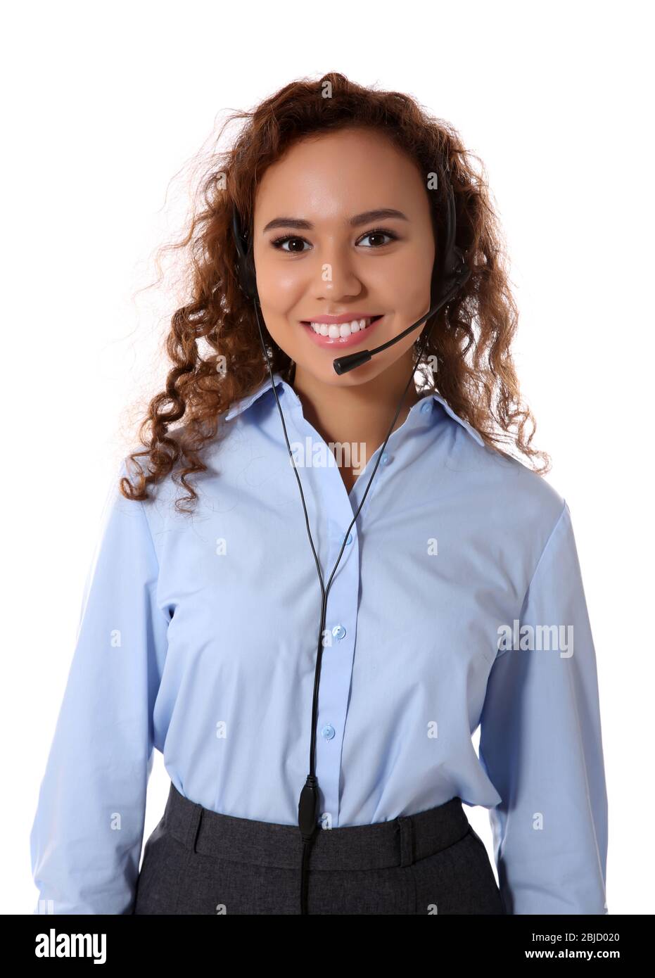 Female technical support call center dispatcher on white background ...
