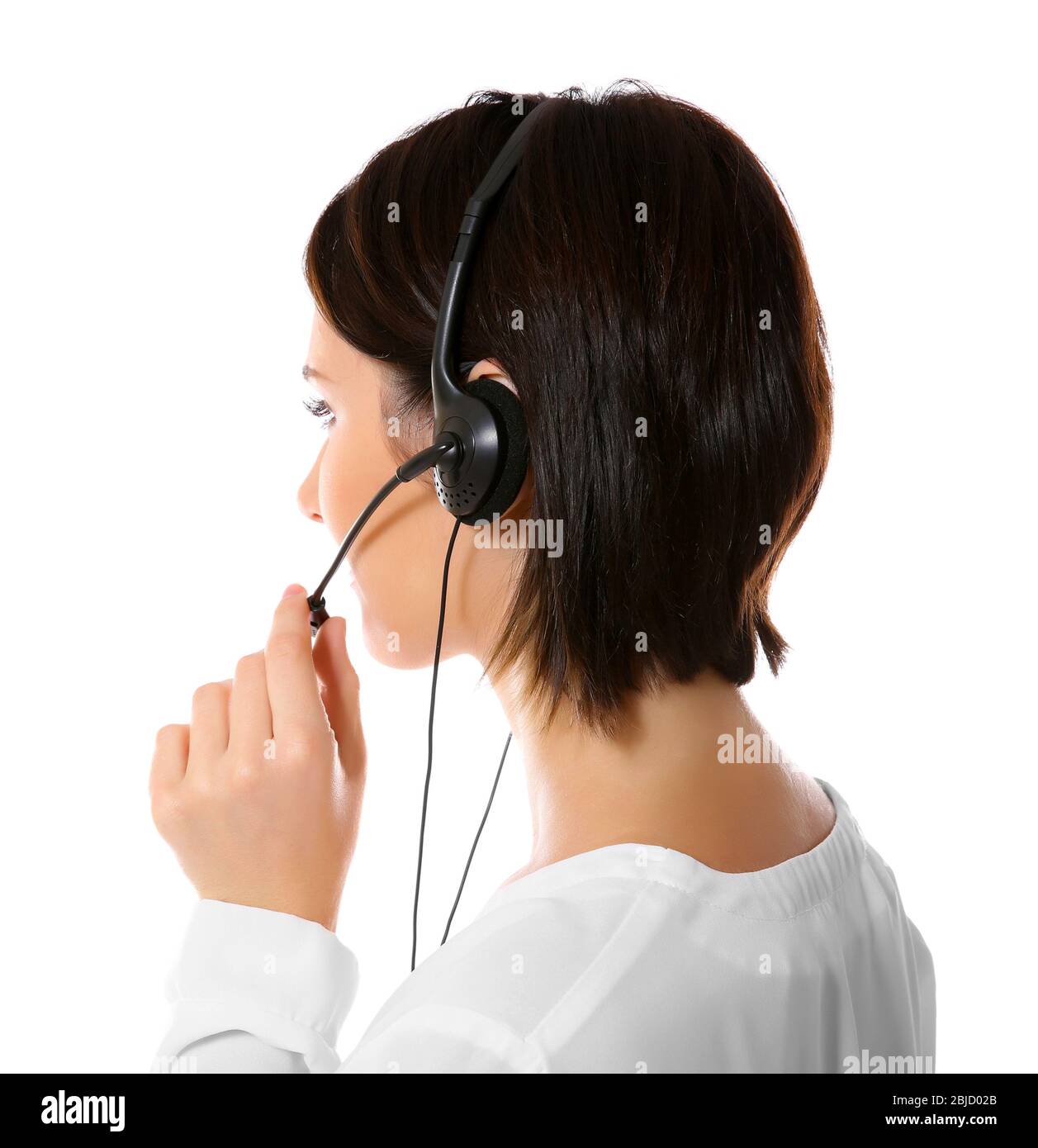 Female technical support call center dispatcher on white background ...