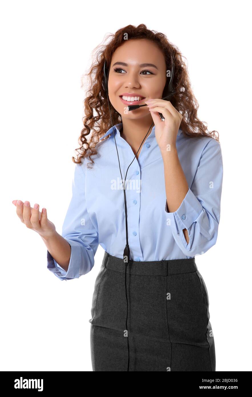 Female technical support call center dispatcher on white background ...