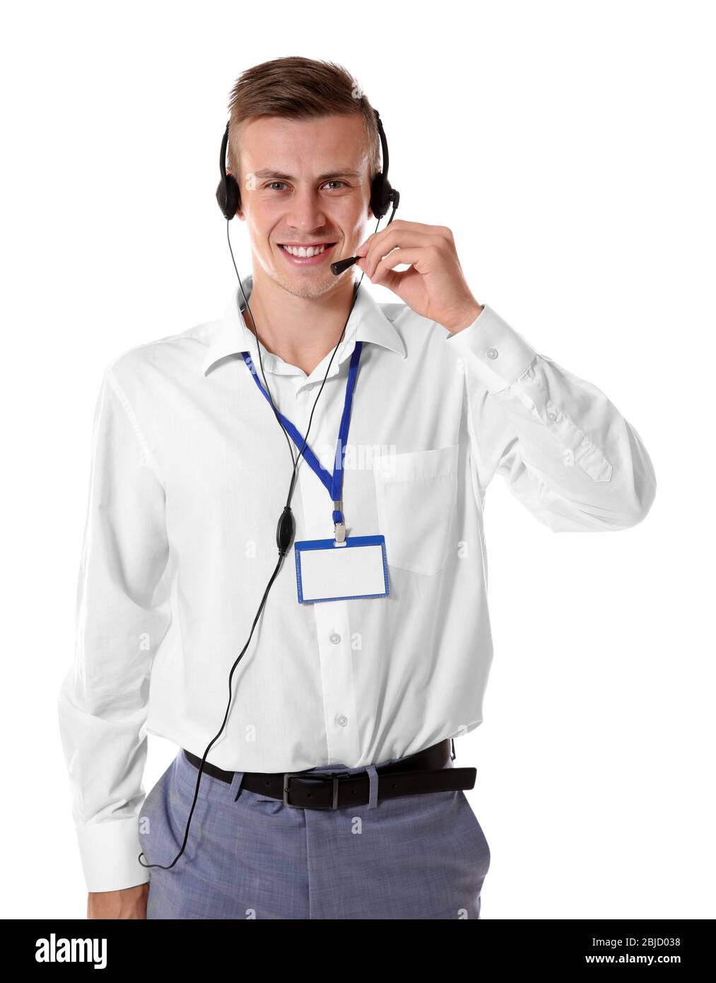 Young male technical support dispatcher on white background Stock Photo ...
