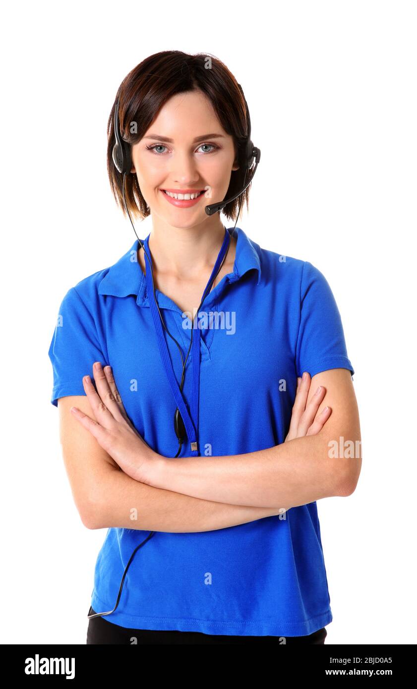 Young female technical support dispatcher on white background Stock ...