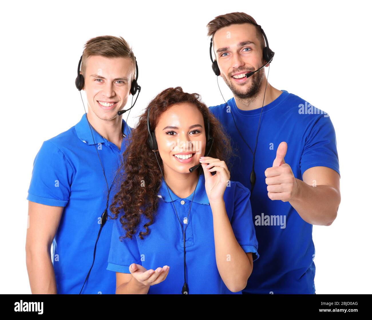 Team of friendly technical support dispatchers on white background ...