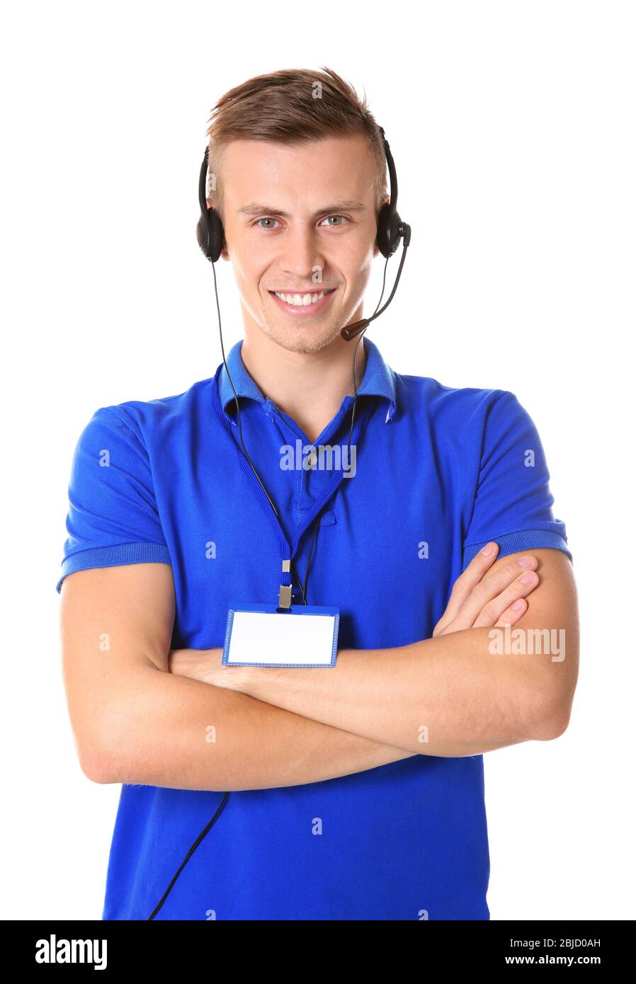 Young male technical support dispatcher on white background Stock Photo ...