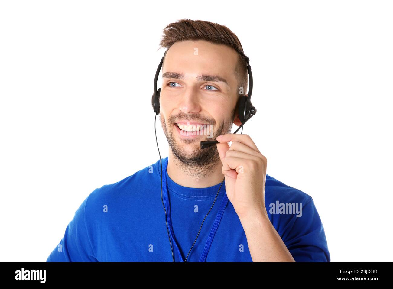 Young male technical support dispatcher on white background Stock Photo ...