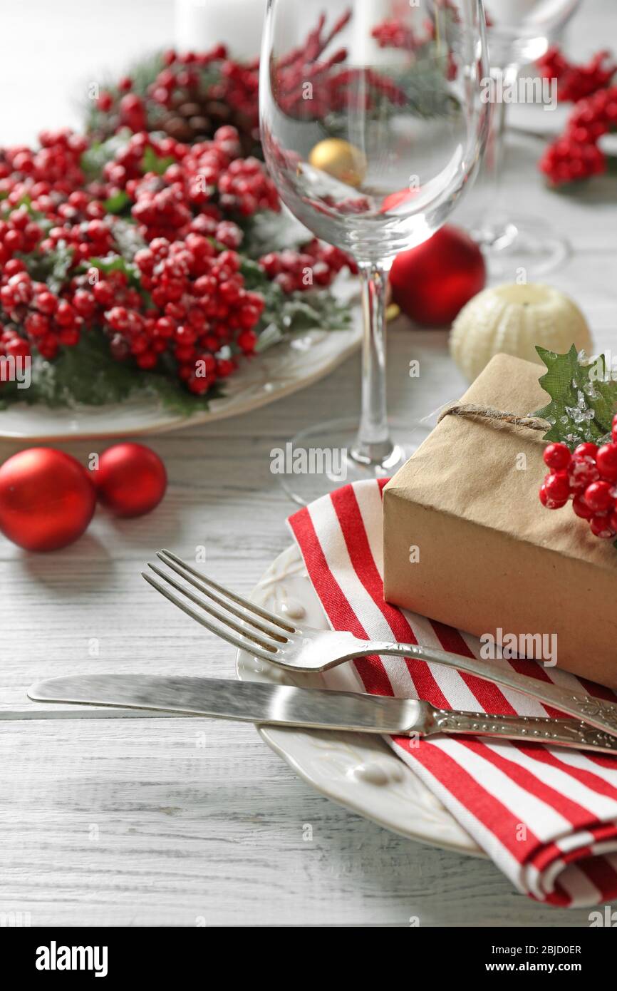 Beautiful Christmas table setting with decorations Stock Photo - Alamy