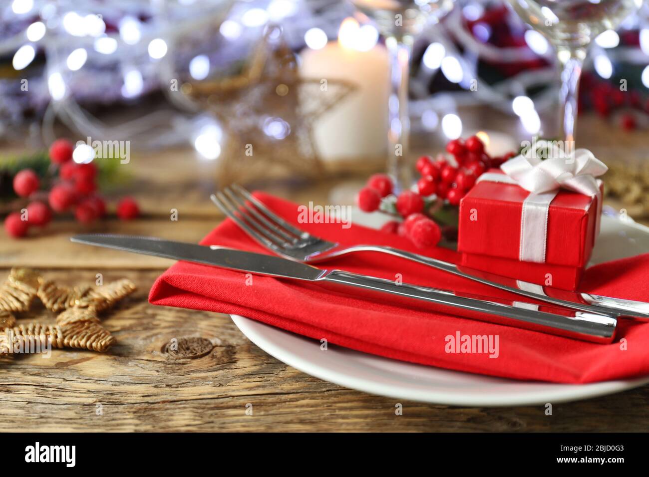 Beautiful Christmas table setting with decorations Stock Photo - Alamy