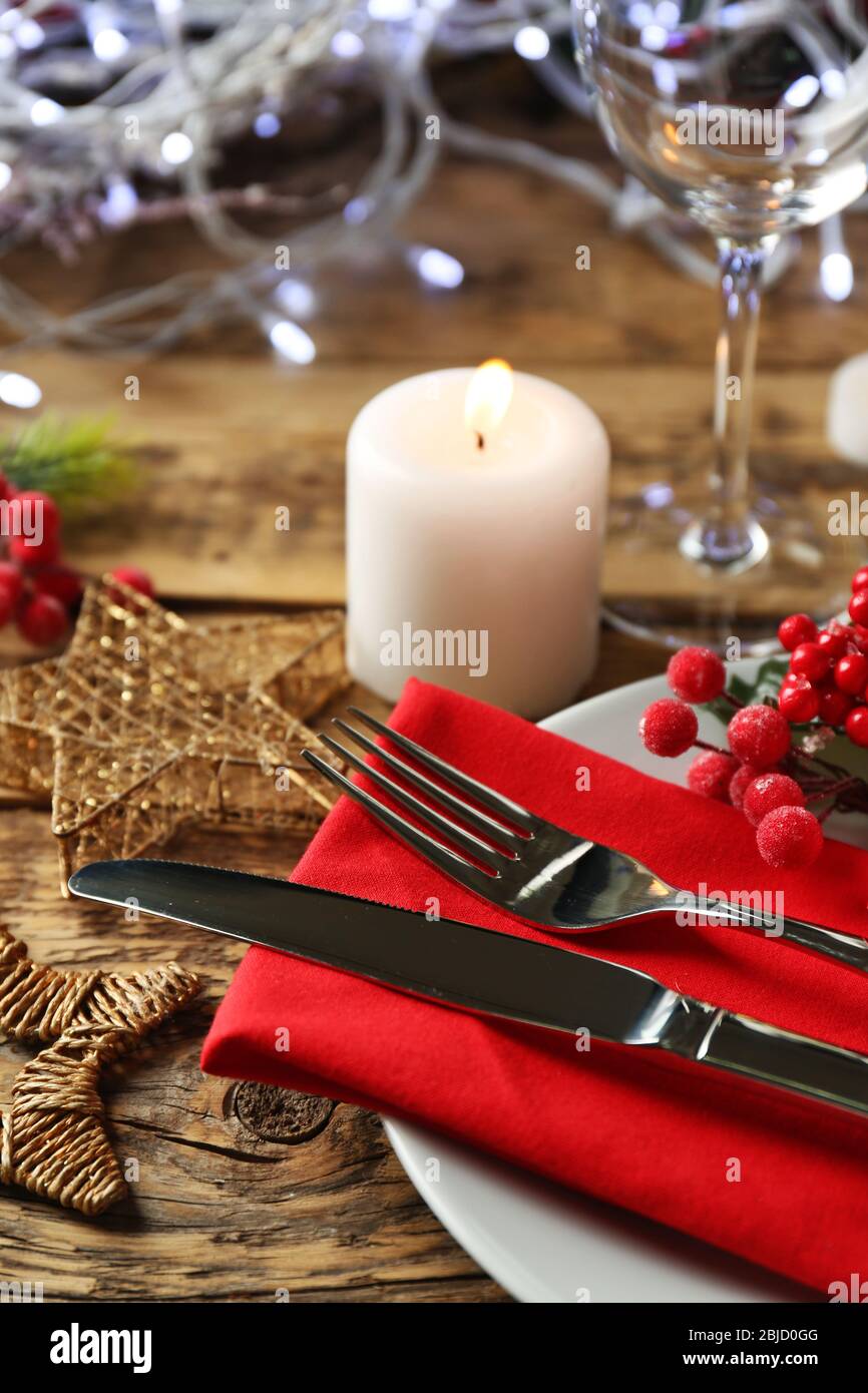 Beautiful Christmas table setting with decorations Stock Photo - Alamy