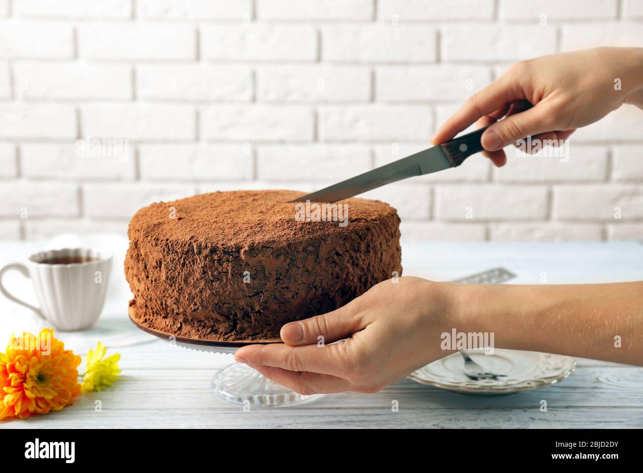 Female hand cutting chocolate cake Stock Photo - Alamy
