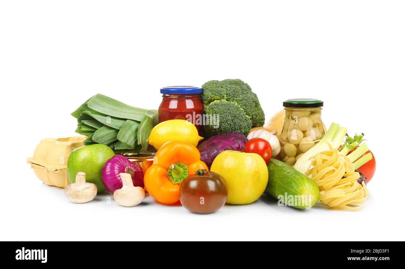 Fresh vegetables and foodstuff on white background Stock Photo - Alamy