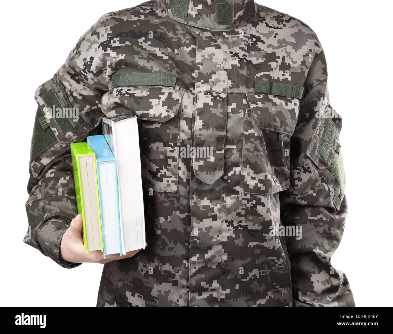 Soldier with books on white background. Military education concept ...
