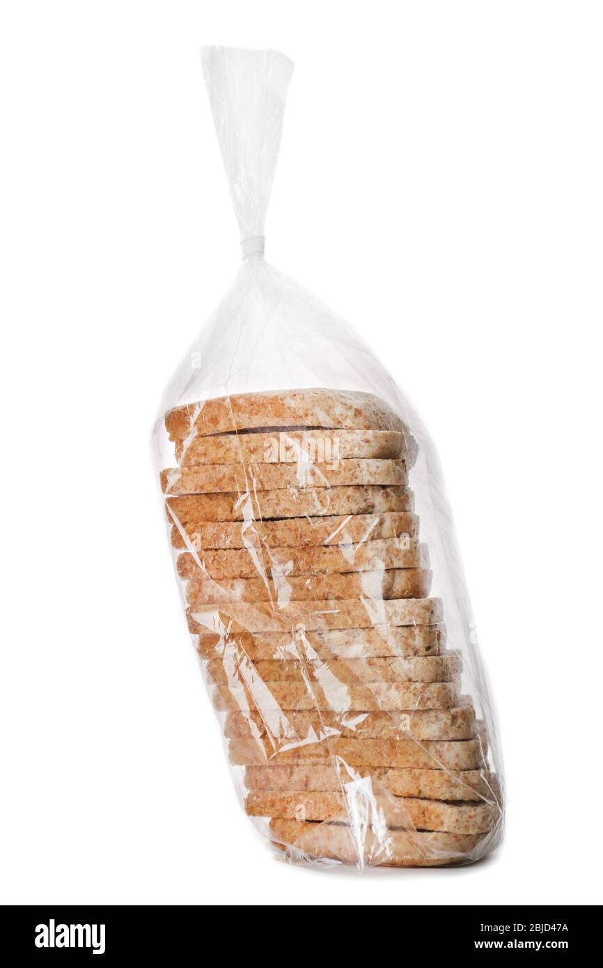 Sliced bread in plastic bag on white background Stock Photo - Alamy