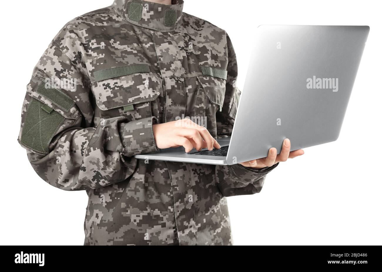 Military education concept. Soldier with laptop on white background ...