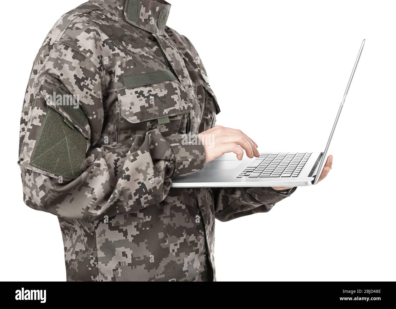 Military education concept. Soldier with laptop on white background ...