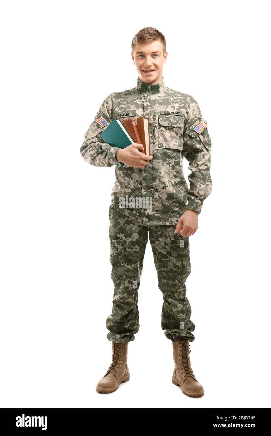 Soldier in camouflage holding books, on white background Stock Photo ...