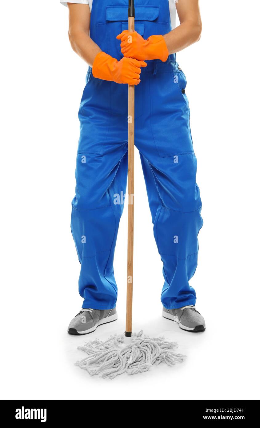Man with mop on white background Stock Photo - Alamy