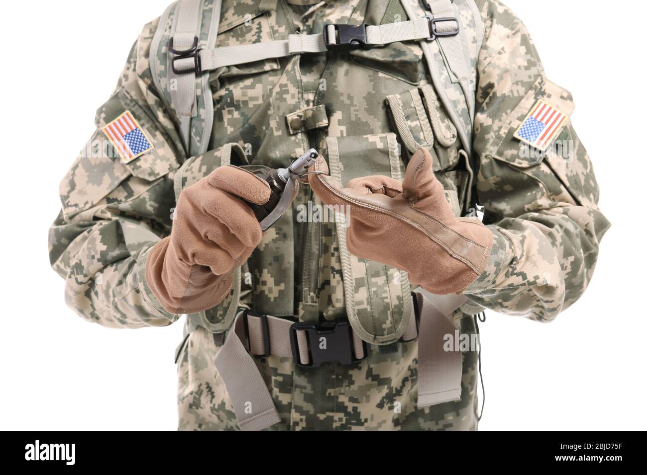 Close up view of soldier with fragmentation grenade on white background ...