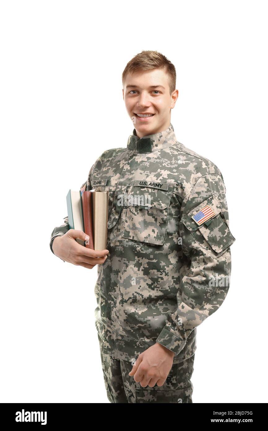 Soldier in camouflage holding books, on white background Stock Photo ...