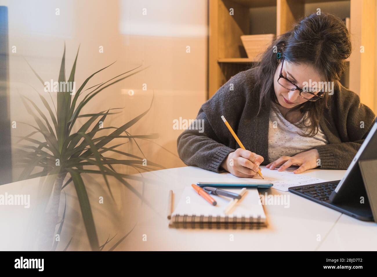 Woman working at home. working with a computer. woman writing Stock ...