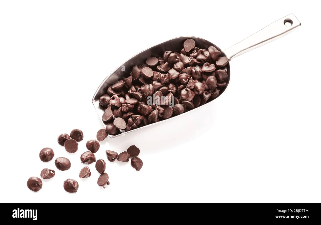 Metal scoop with tasty chocolate chips on white background Stock Photo ...
