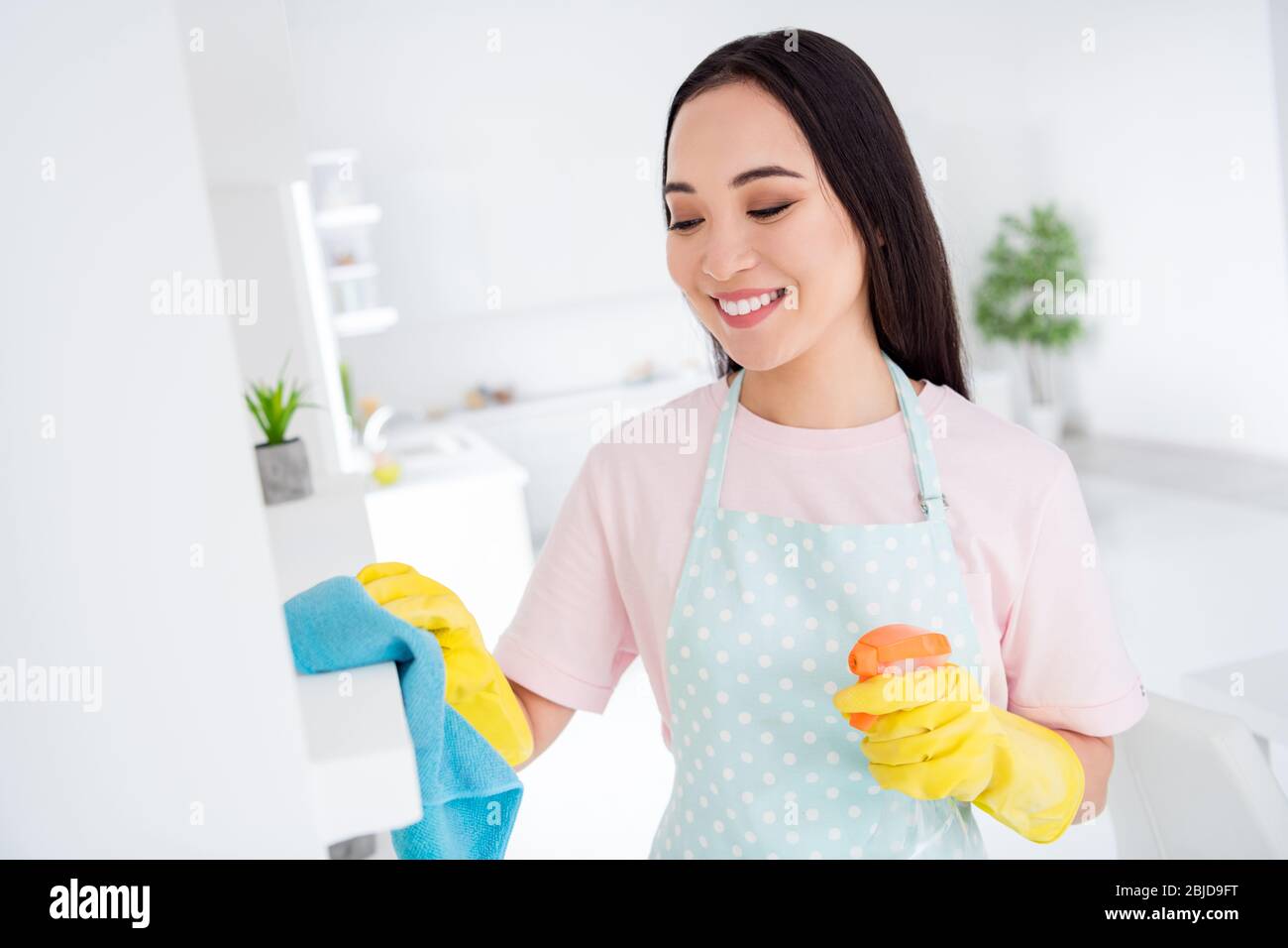Photo of asian ethnicity housewife general cleaning disinfecting all ...