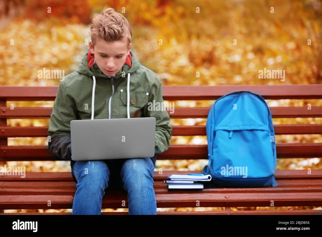 Teenager with laptop sitting on bench in autumn park Stock Photo - Alamy