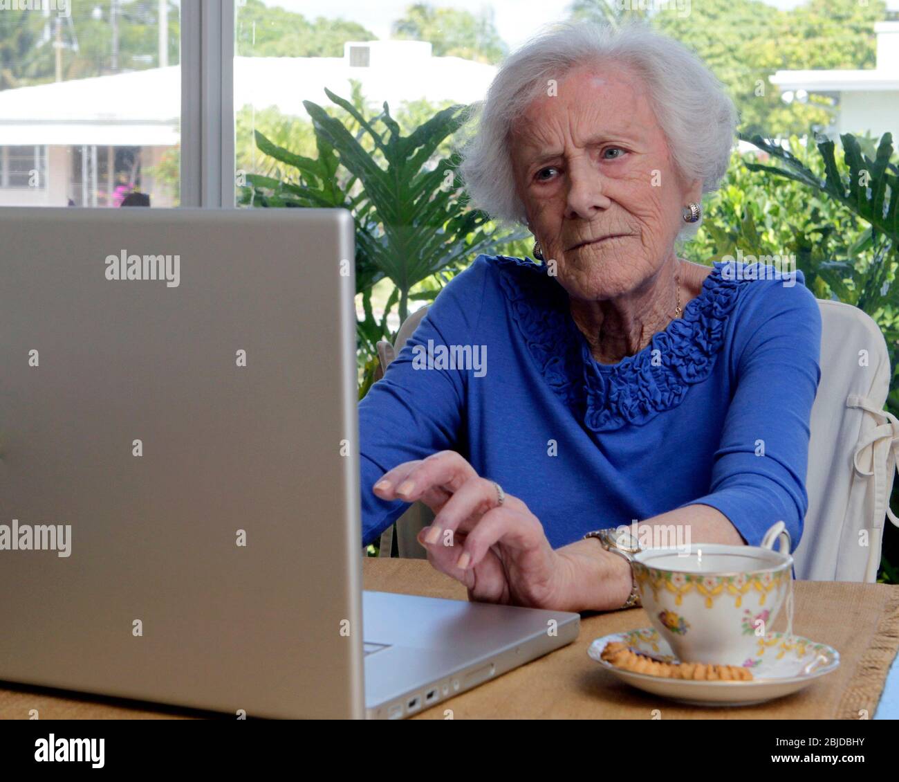 Senior female works on her laptop computer Stock Photo - Alamy