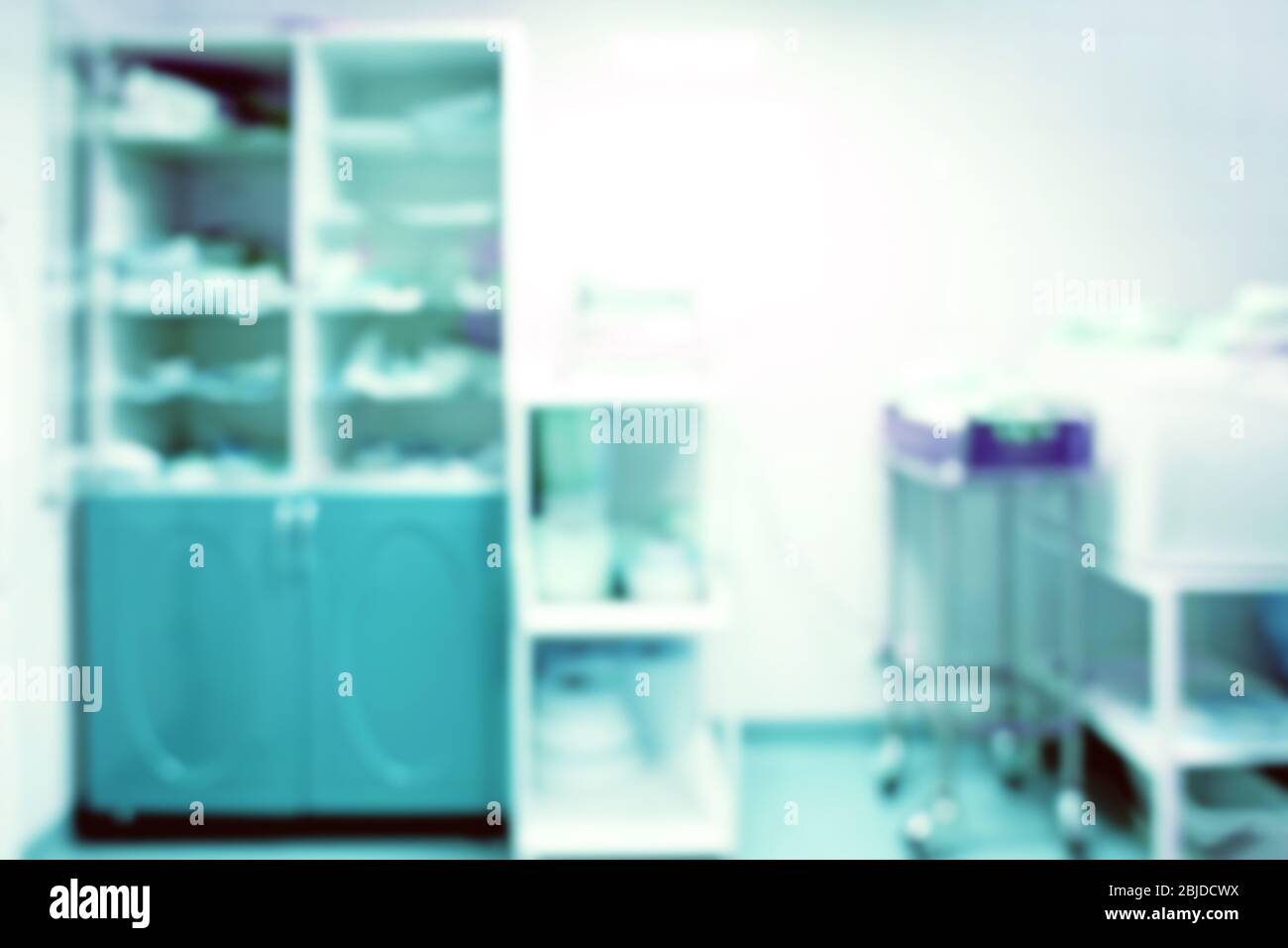 Modern equipment in packaging room at hospital, blurred background ...